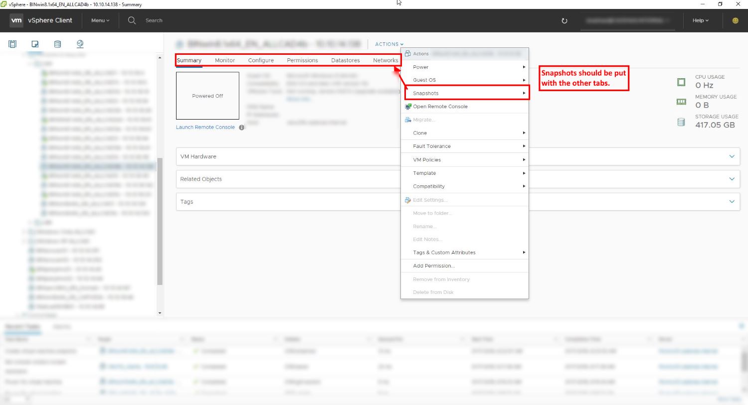 Snapshots as a tab in HTML5 vSphere client | VMware vSphere
