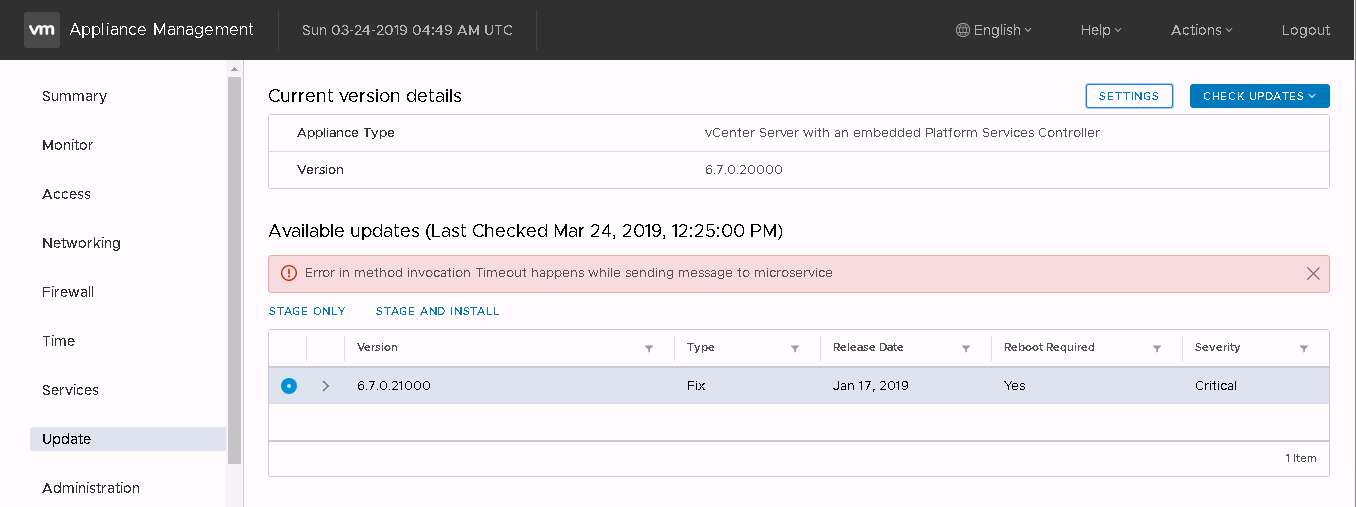 vCenter update get error "Error in method invocation Timeout happens while sending message to ...