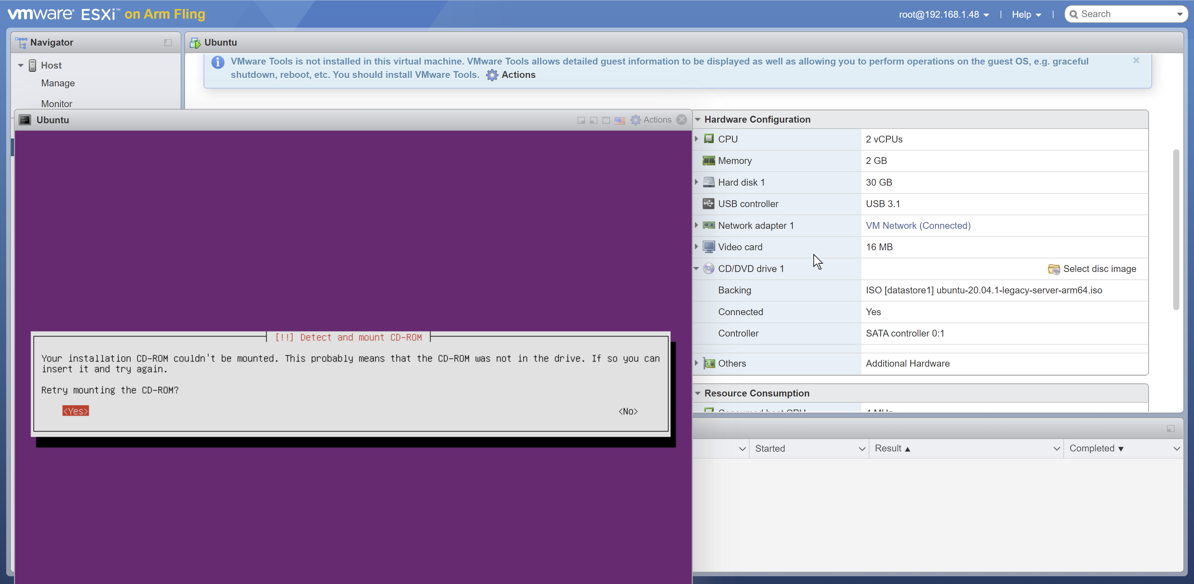 Can't Create VM - Error: Installation CD-ROM could not be mounted | ESXi-Arm Fling