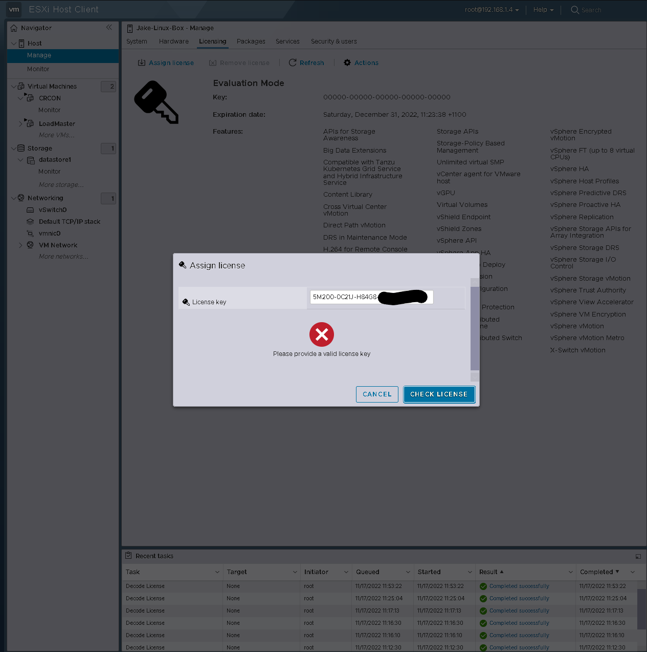 vSphere 7 Free Licence Key invalid? | VMware vSphere