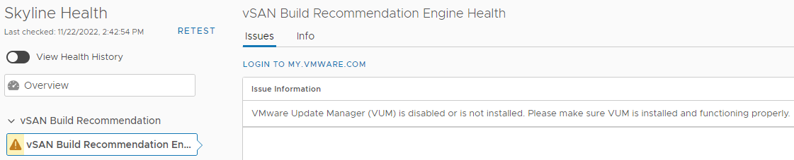 Warning: vSAN Build Recommendation Engine Health - VUM disabled or not ...