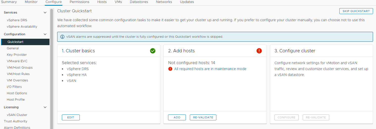 Vsphere 6.7u3 Cluster quickstart status, All required hosts are in ...