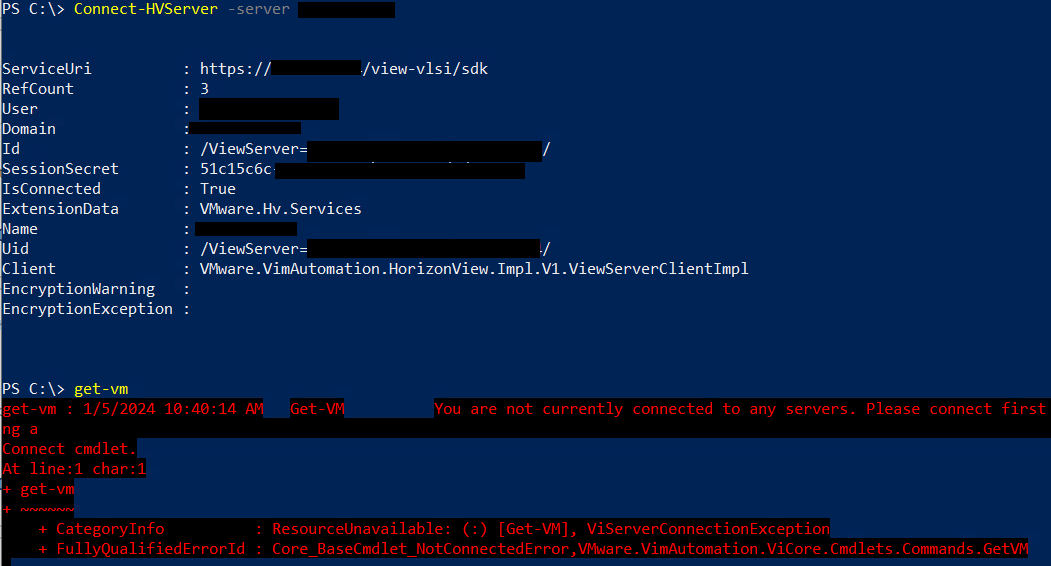 connection server not connected | PowerCLI