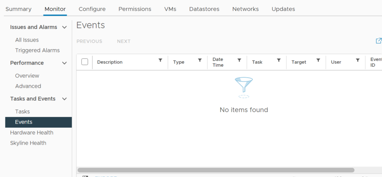 Host events not visibile | VMware vSphere