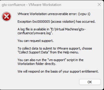 VMware Workstation unrecoverable error: (vcpu-1) - Access violation | VMware Workstation
