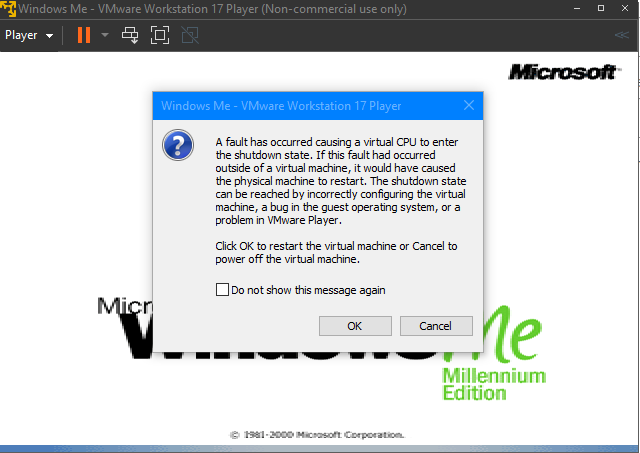Error while installing Windows Me, a virtual cpu bug/error has occured | VMware Workstation