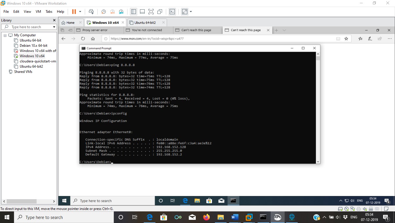 internet not working in virtual machines problem set 1 of experiments | VMware Workstation