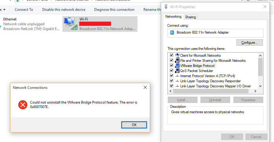 Unable to uninstall VMware Bridge Protocol | VMware Workstation