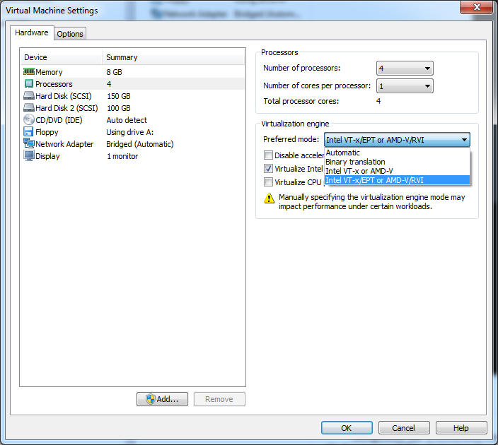Virtualized Intel VT-x/EPT requires preferred mode of Intel VT-x/EPT ...