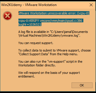 VMware Workstation unrecoverable error: (vcpu-0) vcpu-0:VERIFY vmcore ...
