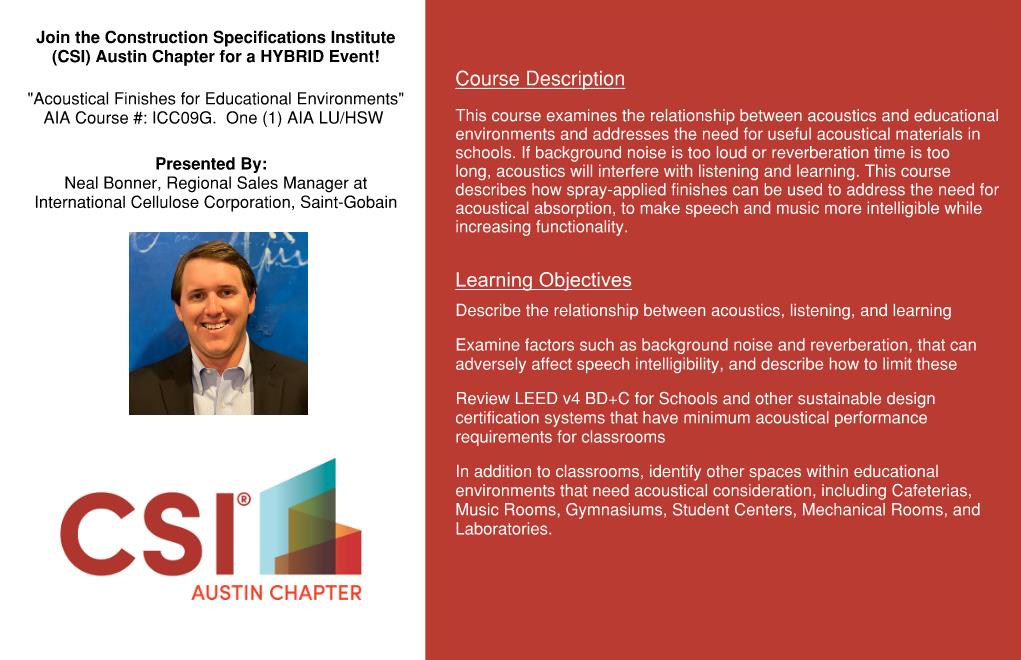 CSI Austin Chapter July 10th 12pm-1pm Hybrid Event: Acoustic Finishes ...