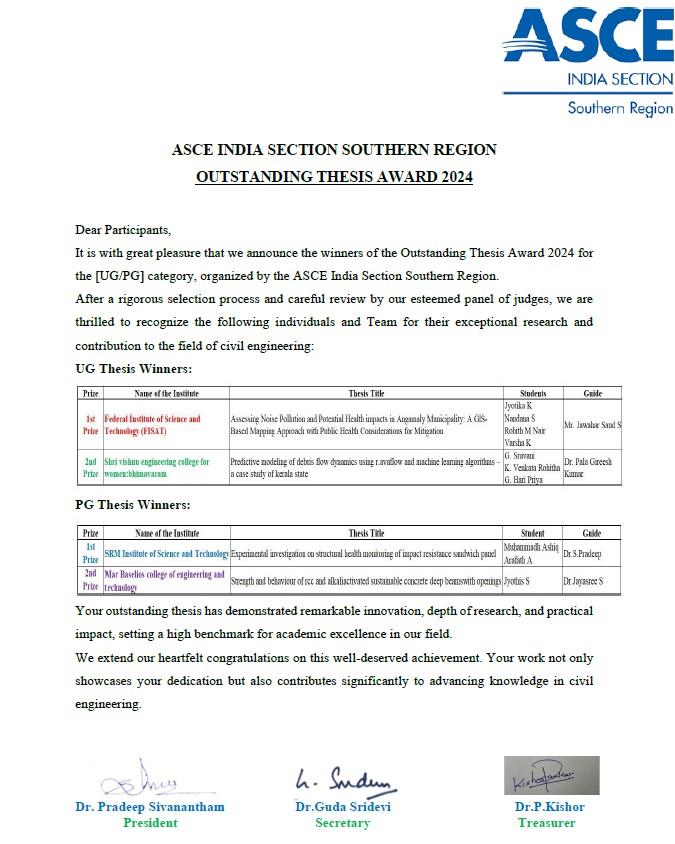 Winners - Outstanding Thesis Award 2024 - ASCE India Section Southern ...