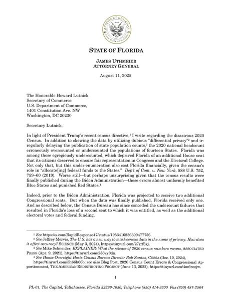 Florida AG (and former Census political appointee during first Trump ...