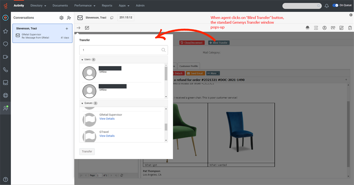 Open "Blind Transfer" panel via an API | Genesys Cloud - Main