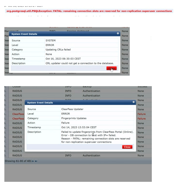 Clearpass - FATAL: remaining connection slots are reserved | Security