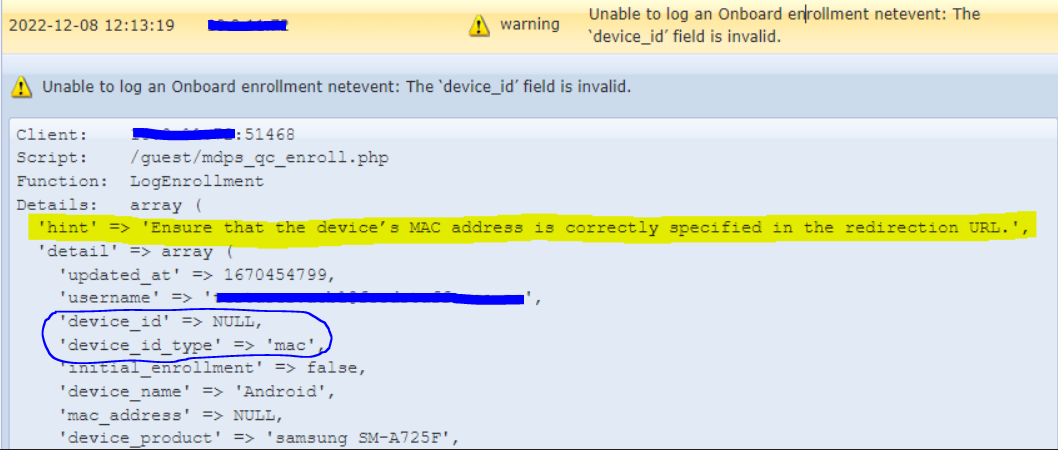ClearPass Onboard - device_id field is invalid | Security