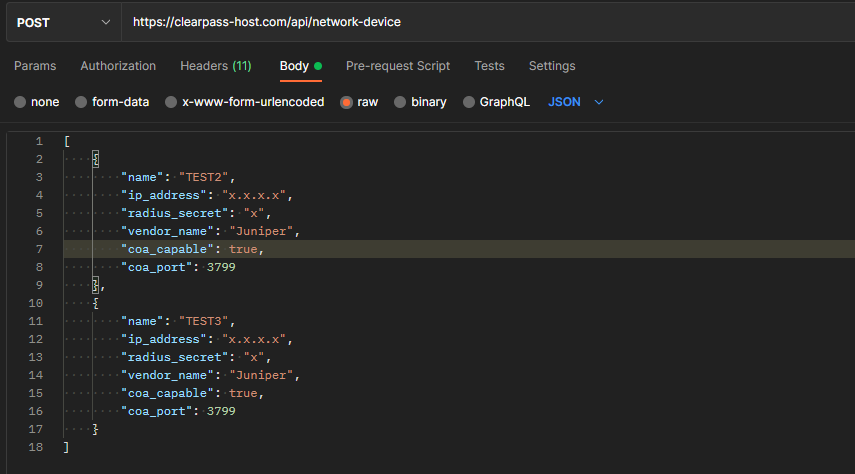 ClearPass API creating multiple network devices. | Security