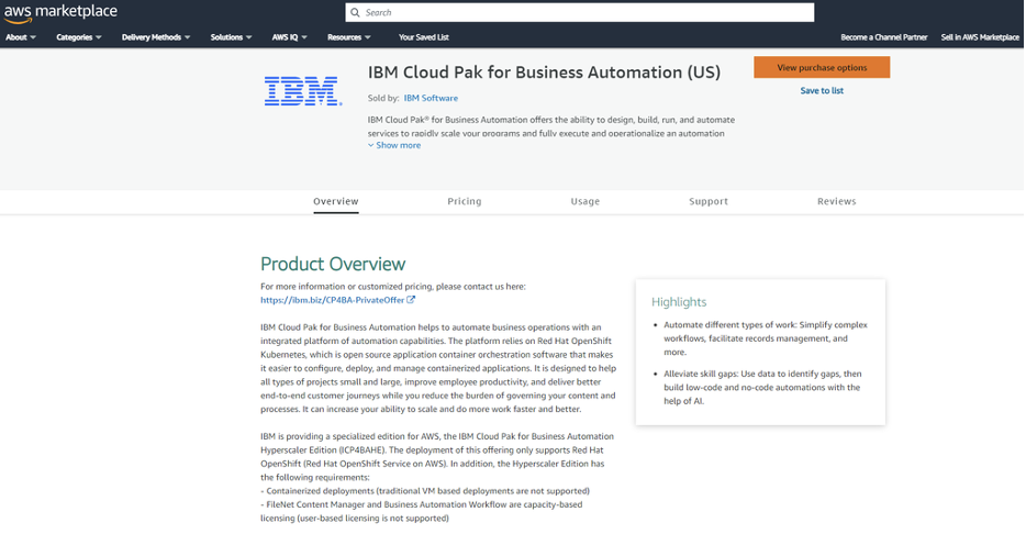 IBM Cloud Pak for Business Automation now available on AWS Marketplace