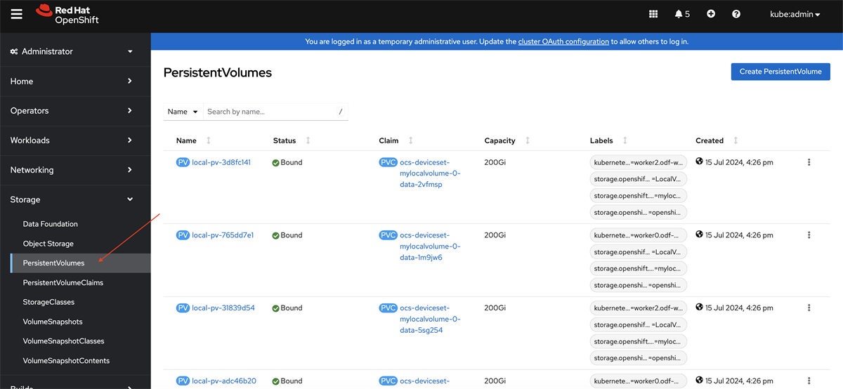 ODF storage installation on RedHat OpenShift via console.