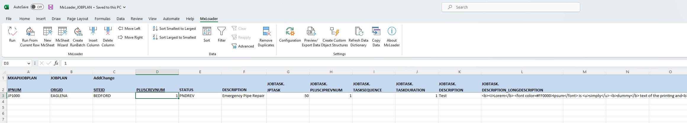 Data Upload using MXLOADER to Job Plan Task Long Description with text formating | Maximo