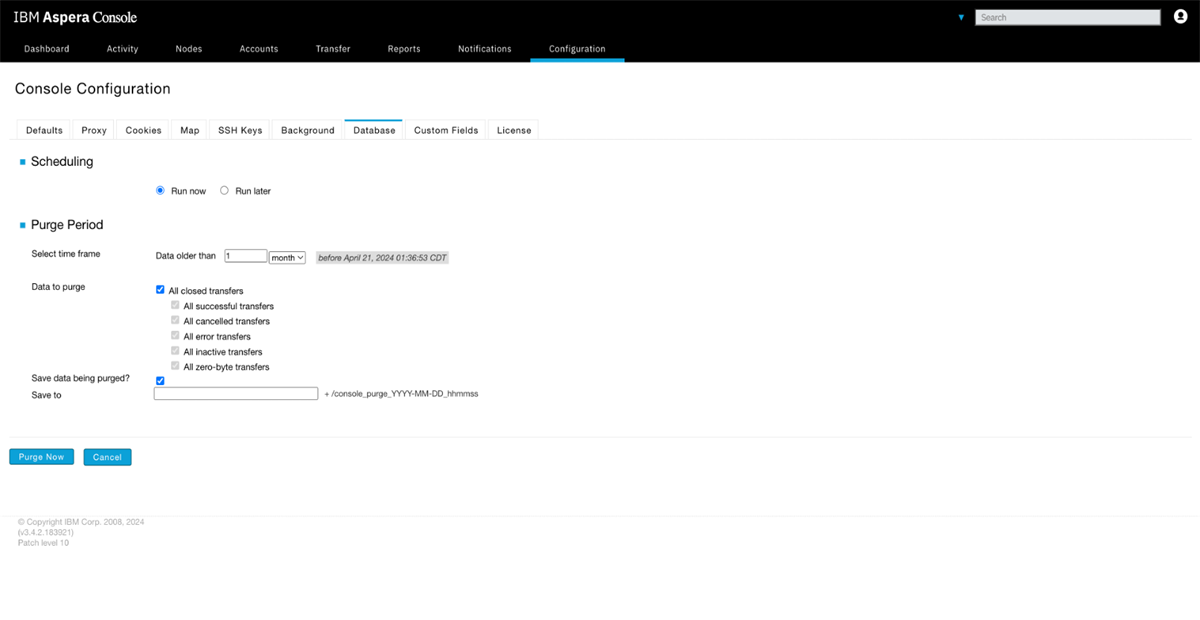 Purge data from the IBM Aspera Console UI