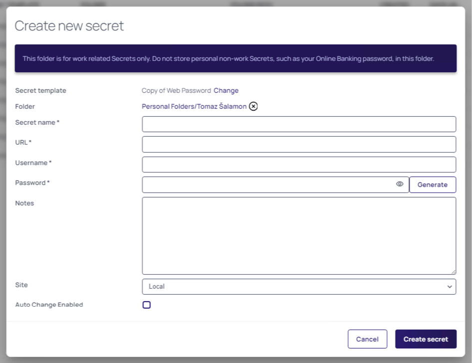 Secret Server template - Predefined value for URL (Web password filter) | IBM Verify