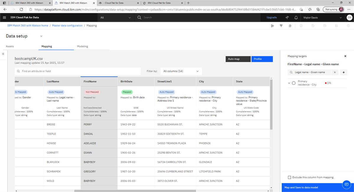 IBM Match 360 mapping issue | Cloud Pak for Data