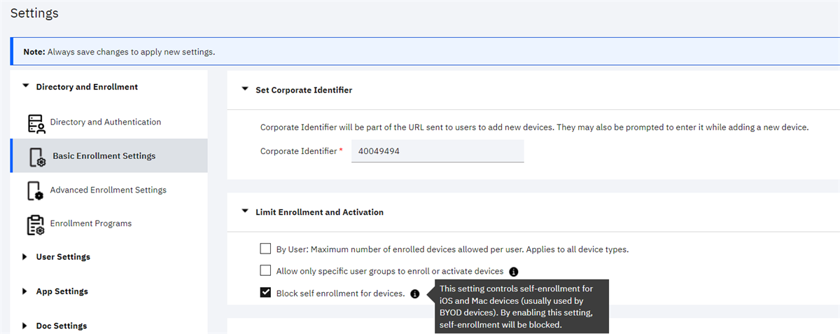 Block self enrollment for devices