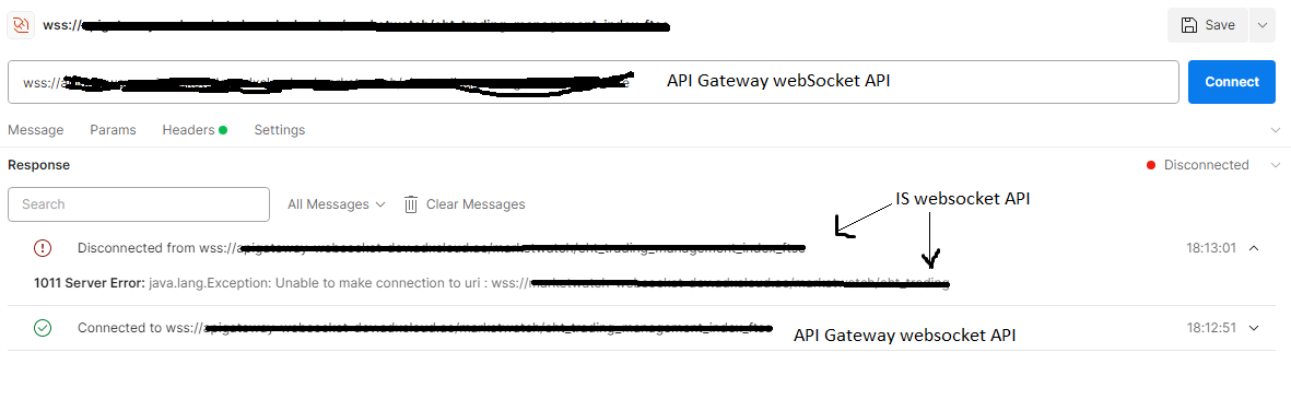 Error while calling an websocket api via API Gateway | IBM webMethods Hybrid Integration