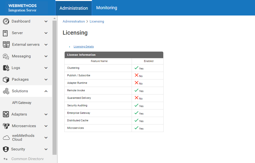 API Gateway IS Showing Disable Features | API Gateway Advance Edition | IBM webMethods Hybrid ...