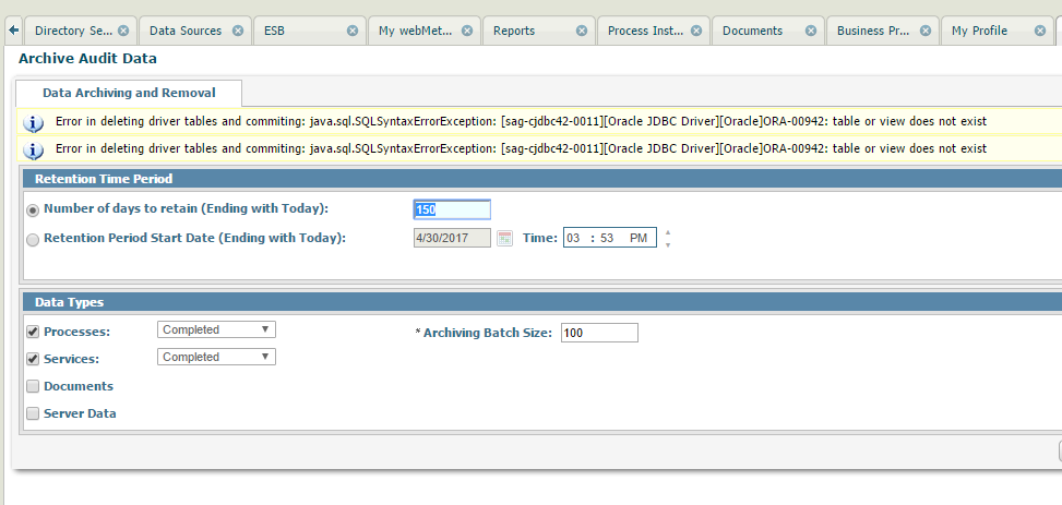 Error while archiving Audit data | IBM webMethods Hybrid Integration