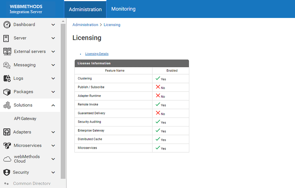 API Gateway IS Showing Disable Features | API Gateway Advance Edition | IBM webMethods Hybrid ...