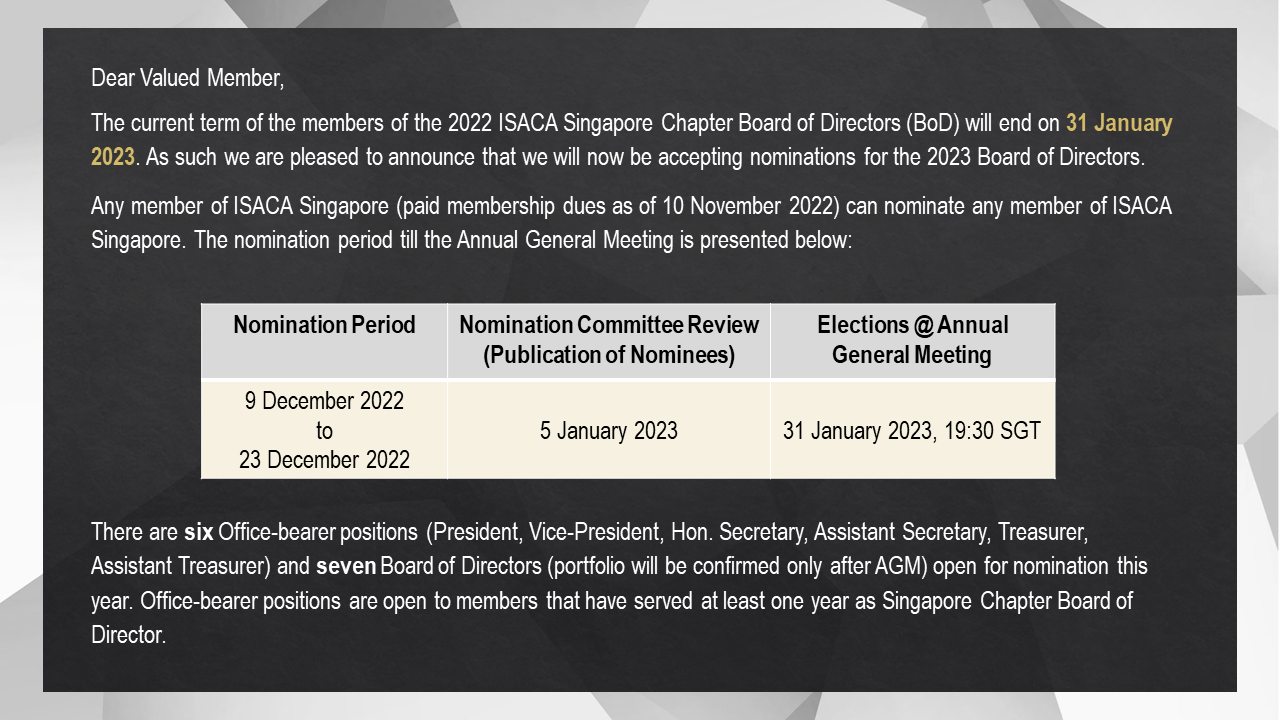 2023 Board Nomination Notice - Singapore Chapter