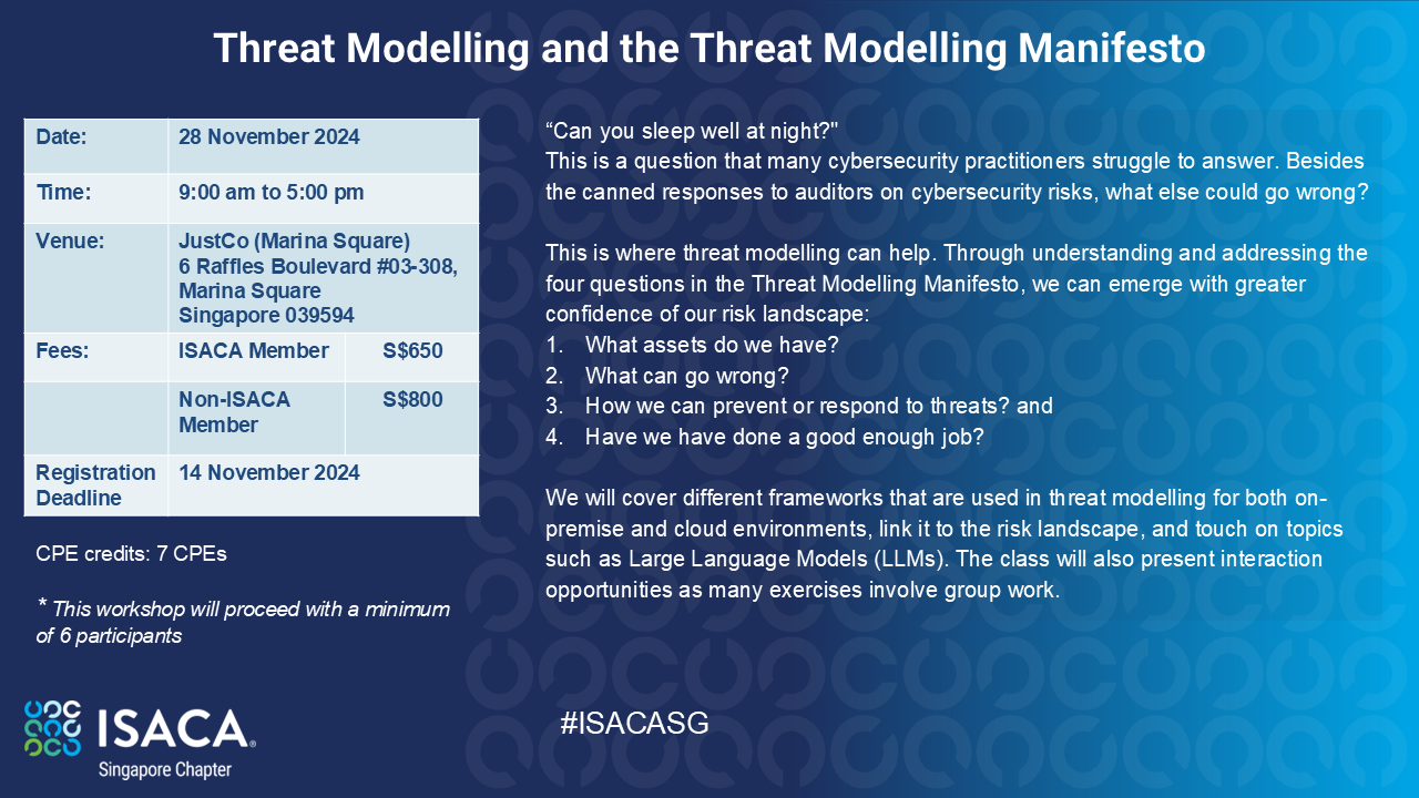 ISACA SG Threat Modelling Workshop in November 2024 - Singapore Chapter
