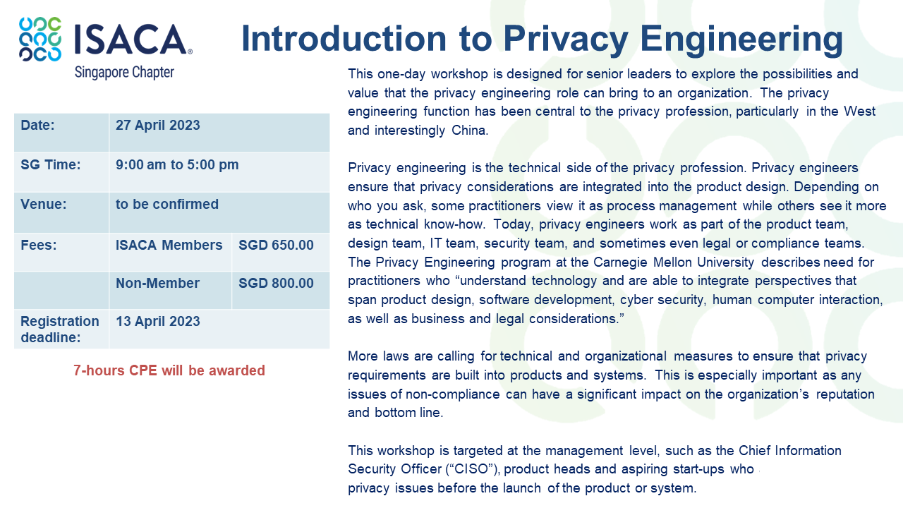 Introduction to Privacy Engineering Workshop - Singapore Chapter