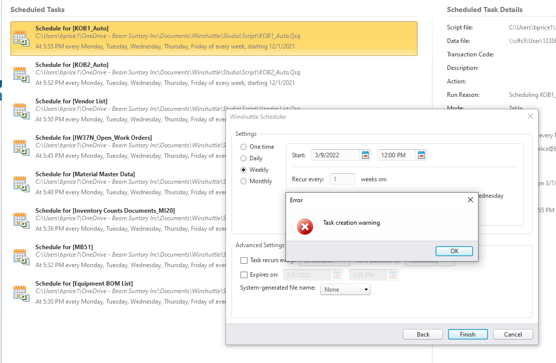 Editing Schedule Tasks - Error | Automate