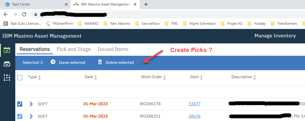 Missing Create picks option from Manage Inventory > Reservations tab | Maximo Open Forum