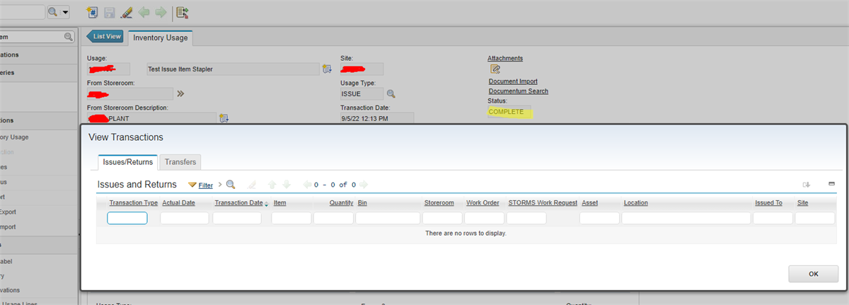 Maximo Inbound transaction on Inventory Usage | Maximo Open Forum