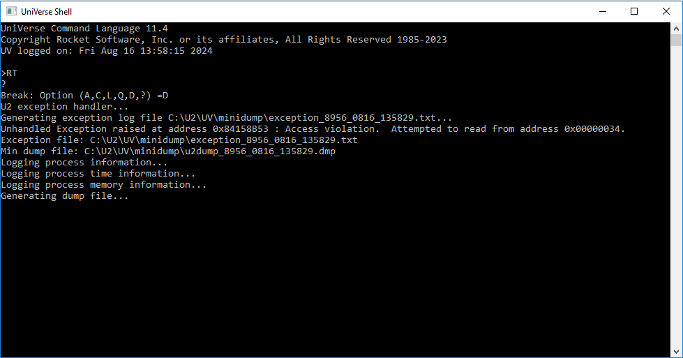 Universe Shell ctrl-C debugging | Rocket U2 | UniVerse & UniData
