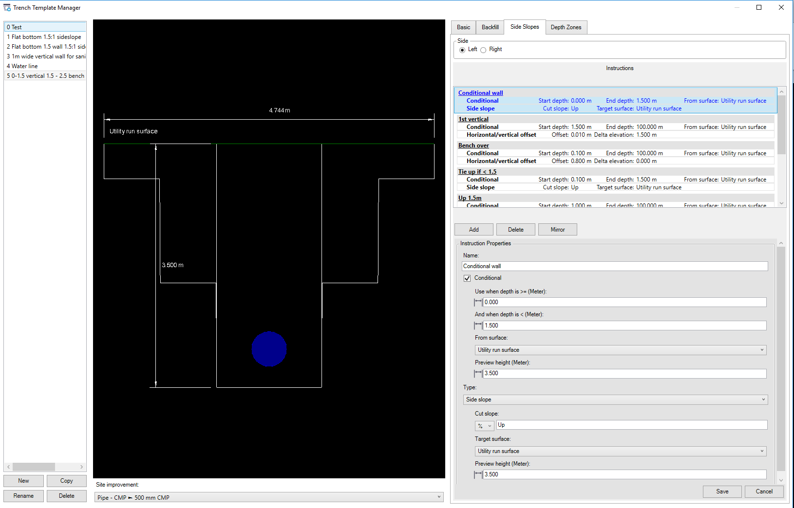 How do I create a trench template that benches out 800mm every 1.5m ...