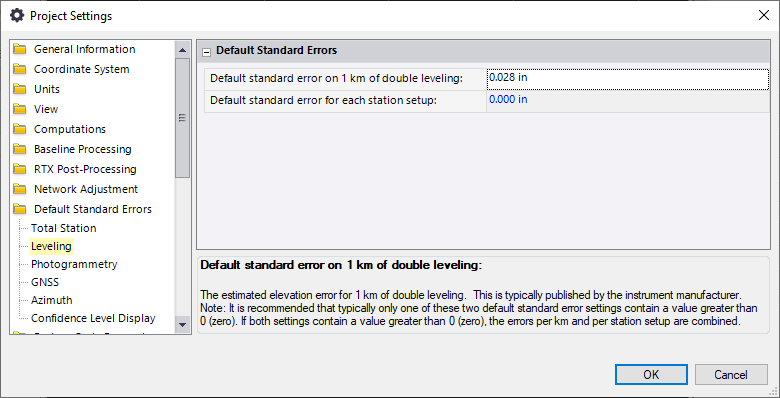 Default Standard Errors for Levelling | Trimble Business Center