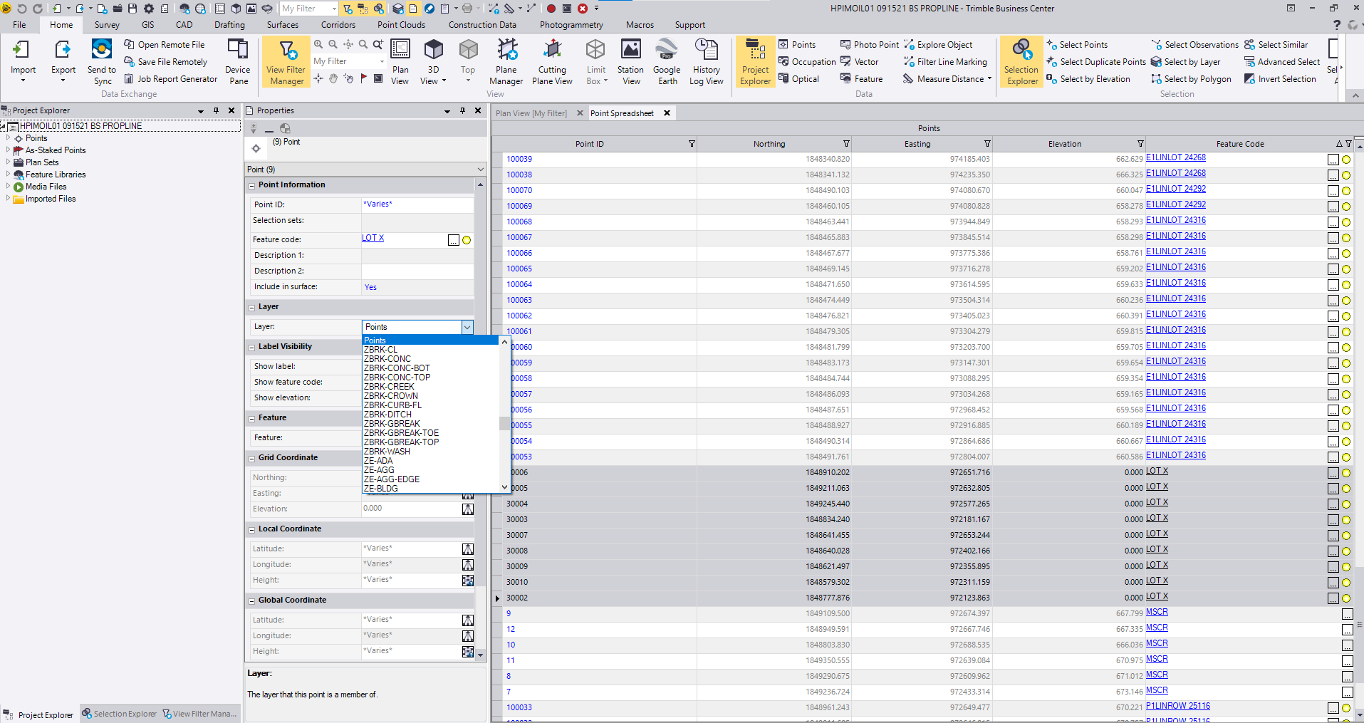 Show/hide points by feature code | Trimble Business Center